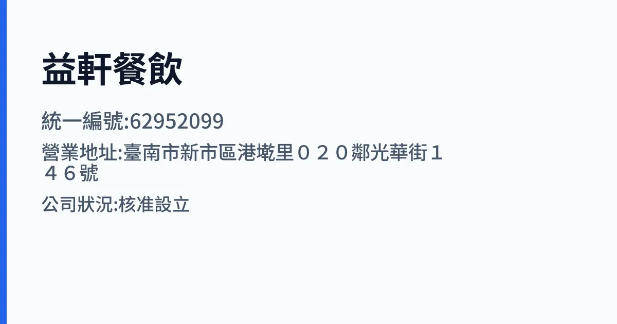 益軒餐飲 - 統編 62952099(臺南市) 公司登記資料與營業項目詳細圖表