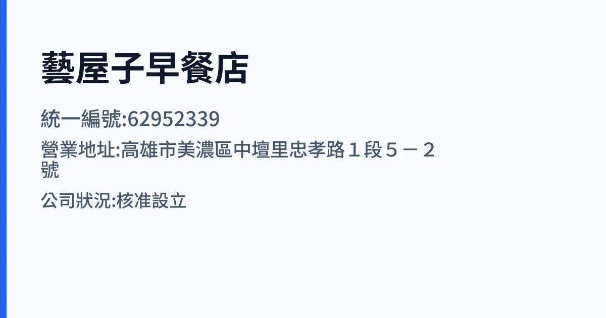 藝屋子早餐店 - 統編 62952339(高雄市) 公司登記資料與營業項目詳細圖表