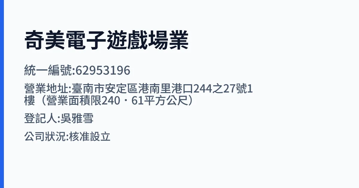 奇美電子遊戲場業 - 統編 62953196(臺南市) 公司登記資料與營業項目詳細圖表