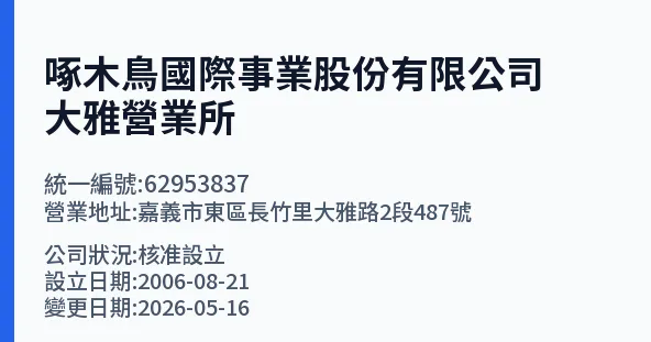 啄木鳥國際事業股份有限公司大雅營業所的照片-統編 62953837(嘉義市) 公司登記資料與營業項目詳細圖表