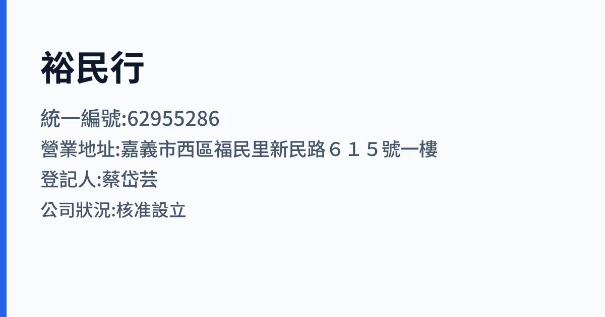 裕民行 - 統編 62955286(嘉義市) 公司登記資料與營業項目詳細圖表