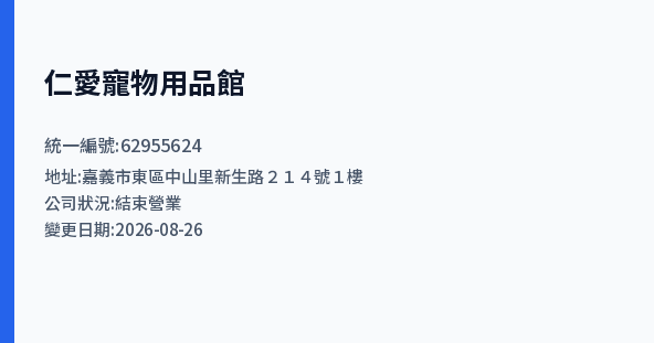 仁愛寵物用品館的照片-統編 62955624(嘉義市) 公司登記資料與營業項目詳細圖表