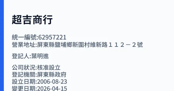 超吉商行的照片-統編 62957221(屏東縣) 公司登記資料與營業項目詳細圖表