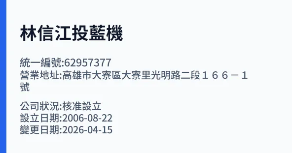 林信江投藍機的照片-統編 62957377(高雄市) 公司登記資料與營業項目詳細圖表