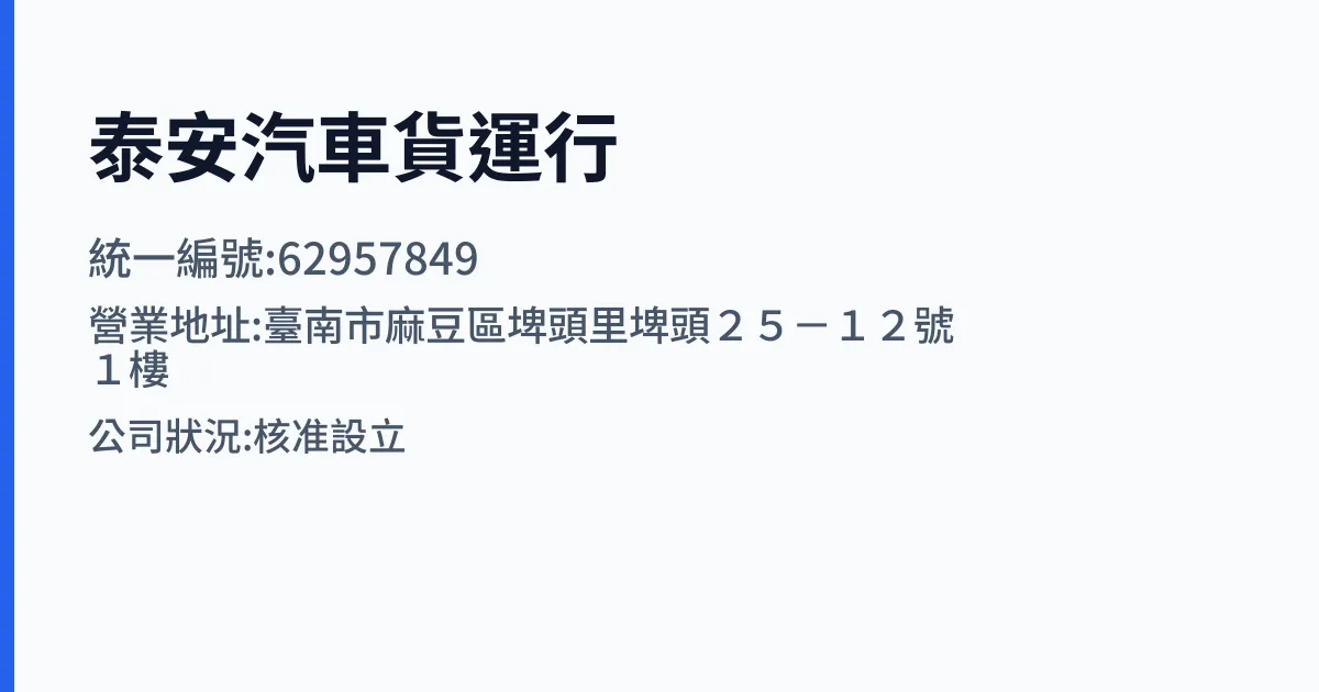 泰安汽車貨運行 - 統編 62957849(臺南市) 公司登記資料與營業項目詳細圖表