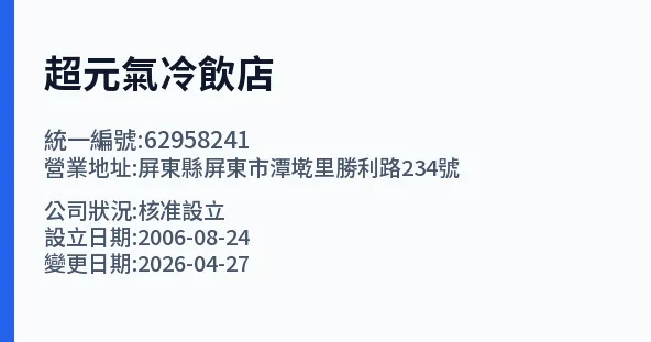 超元氣冷飲店的照片-統編 62958241(屏東縣) 公司登記資料與營業項目詳細圖表