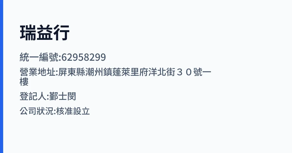 瑞益行 - 統編 62958299(屏東縣) 公司登記資料與營業項目詳細圖表