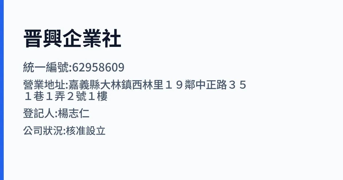 晋興企業社 - 統編 62958609(嘉義縣) 公司登記資料與營業項目詳細圖表