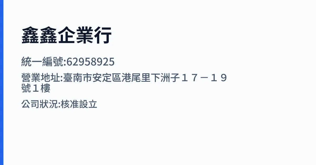 鑫鑫企業行 - 統編 62958925(臺南市) 公司登記資料與營業項目詳細圖表