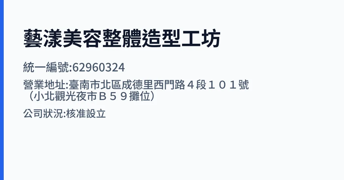 藝漾美容整體造型工坊 - 統編 62960324(臺南市) 公司登記資料與營業項目詳細圖表