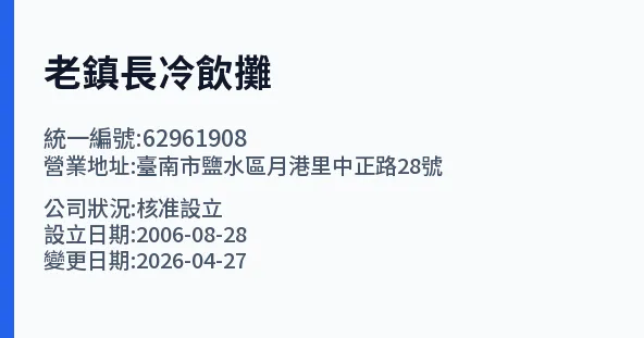 老鎮長冷飲攤的照片-統編 62961908(臺南市) 公司登記資料與營業項目詳細圖表