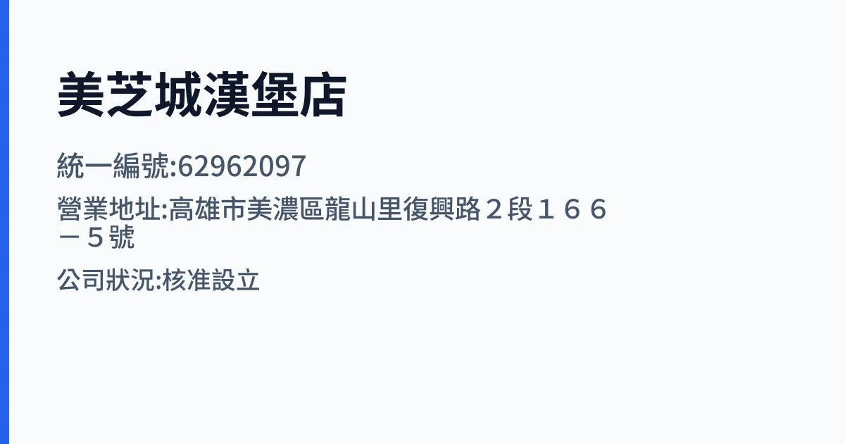美芝城漢堡店 - 統編 62962097(高雄市) 公司登記資料與營業項目詳細圖表