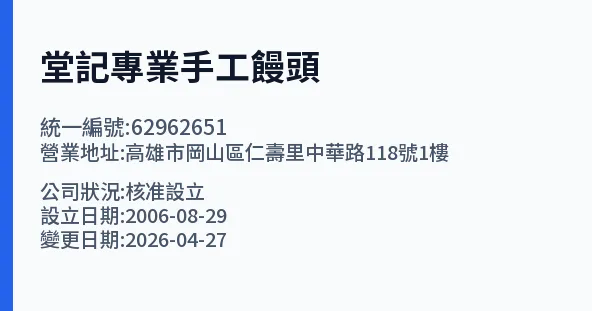 堂記專業手工饅頭的照片-統編 62962651(高雄市) 公司登記資料與營業項目詳細圖表