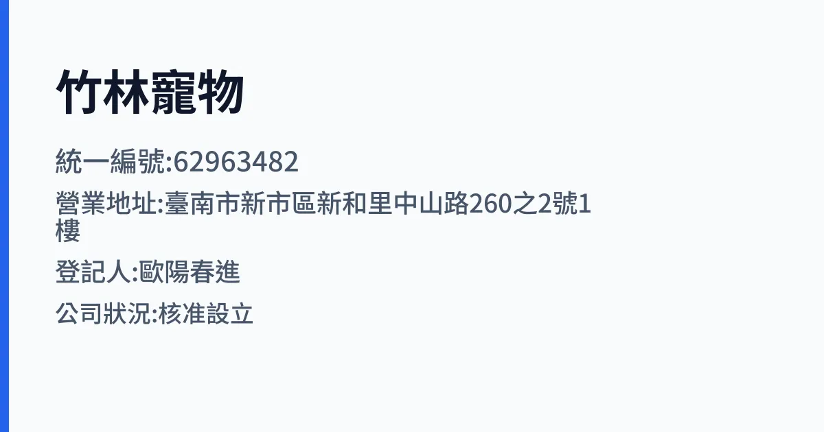 竹林寵物 - 統編 62963482(臺南市) 公司登記資料與營業項目詳細圖表