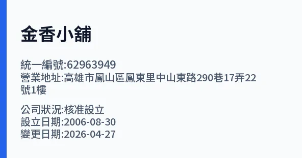 金香小舖的照片-統編 62963949(高雄市) 公司登記資料與營業項目詳細圖表