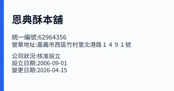 恩典酥本舖的照片-統編 62964356(嘉義市) 公司登記資料與營業項目詳細圖表
