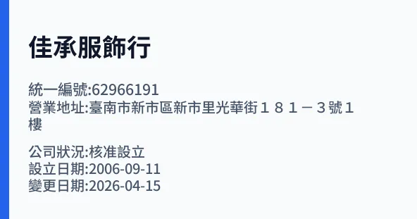 佳承服飾行的照片-統編 62966191(臺南市) 公司登記資料與營業項目詳細圖表