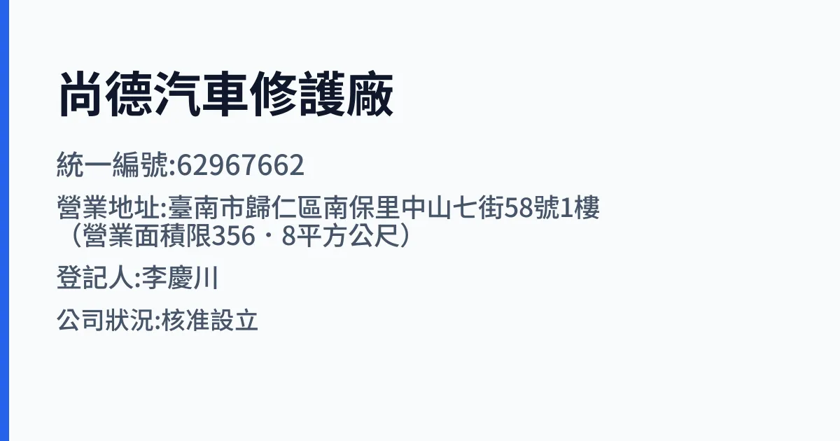 尚德汽車修護廠 - 統編 62967662(臺南市) 公司登記資料與營業項目詳細圖表