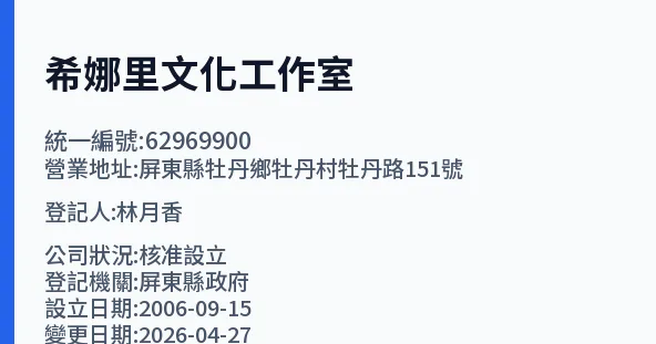 希娜里文化工作室的照片-統編 62969900(屏東縣) 公司登記資料與營業項目詳細圖表