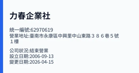 力春企業社的照片-統編 62970619(臺南市) 公司登記資料與營業項目詳細圖表