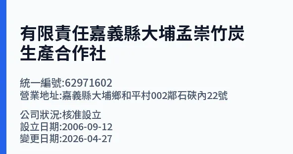 有限責任嘉義縣大埔孟崇竹炭生產合作社的照片-統編 62971602(嘉義縣) 公司登記資料與營業項目詳細圖表