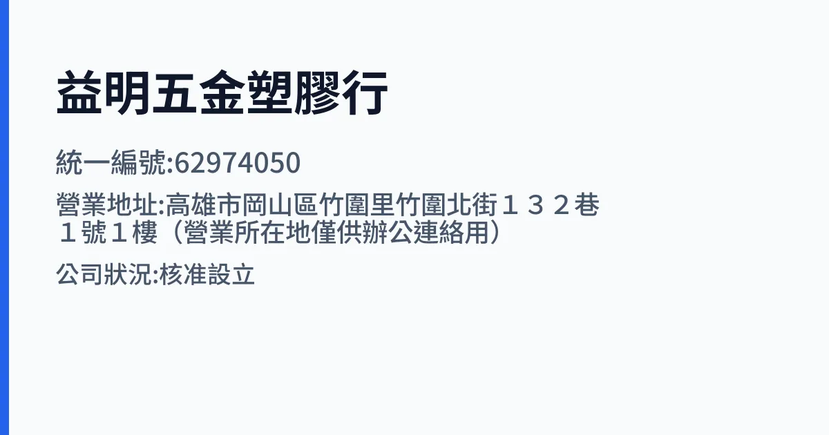 益明五金塑膠行 - 統編 62974050(高雄市) 公司登記資料與營業項目詳細圖表