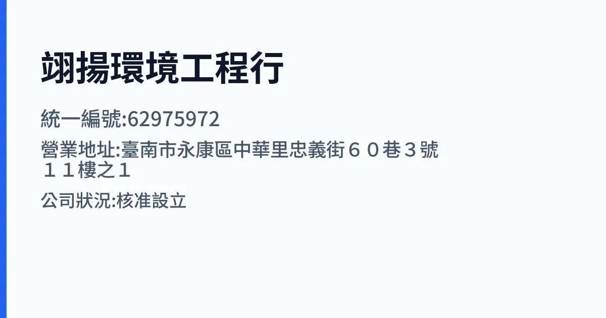 翊揚環境工程行 - 統編 62975972(臺南市) 公司登記資料與營業項目詳細圖表