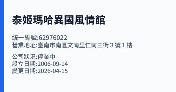 泰姬瑪哈異國風情館的照片-統編 62976022(臺南市) 公司登記資料與營業項目詳細圖表