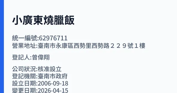 小廣東燒臘飯的照片-統編 62976711(臺南市) 公司登記資料與營業項目詳細圖表