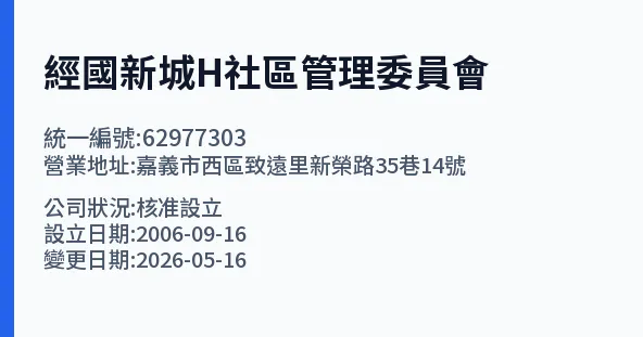 經國新城H社區管理委員會的照片-統編 62977303(嘉義市) 公司登記資料與營業項目詳細圖表