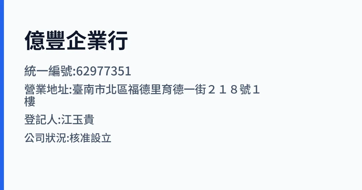 億豐企業行 - 統編 62977351(臺南市) 公司登記資料與營業項目詳細圖表
