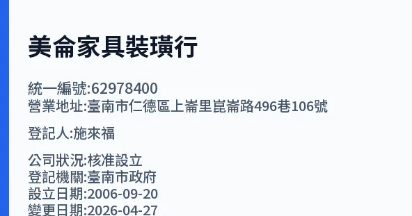美侖家具裝璜行的照片-統編 62978400(臺南市) 公司登記資料與營業項目詳細圖表