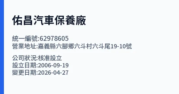 佑昌汽車保養廠的照片-統編 62978605(嘉義縣) 公司登記資料與營業項目詳細圖表