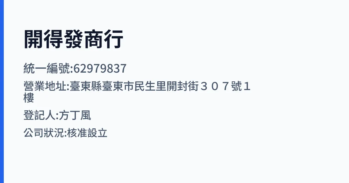開得發商行 - 統編 62979837(臺東縣) 公司登記資料與營業項目詳細圖表
