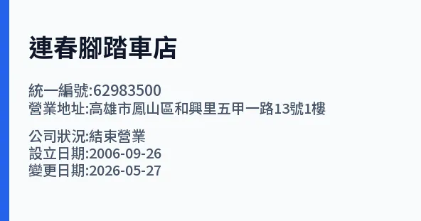 連春腳踏車店的照片-統編 62983500(高雄市) 公司登記資料與營業項目詳細圖表