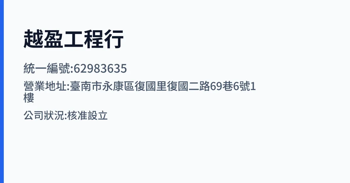 越盈工程行 - 統編 62983635(臺南市) 公司登記資料與營業項目詳細圖表