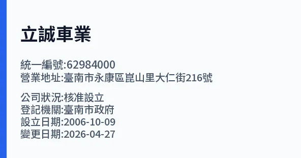 立誠車業的照片-統編 62984000(臺南市) 公司登記資料與營業項目詳細圖表