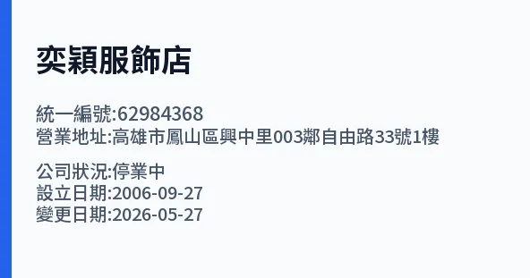 奕穎服飾店的照片-統編 62984368(高雄市) 公司登記資料與營業項目詳細圖表