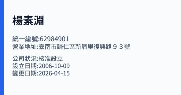 楊素淵的照片-統編 62984901(臺南市) 公司登記資料與營業項目詳細圖表