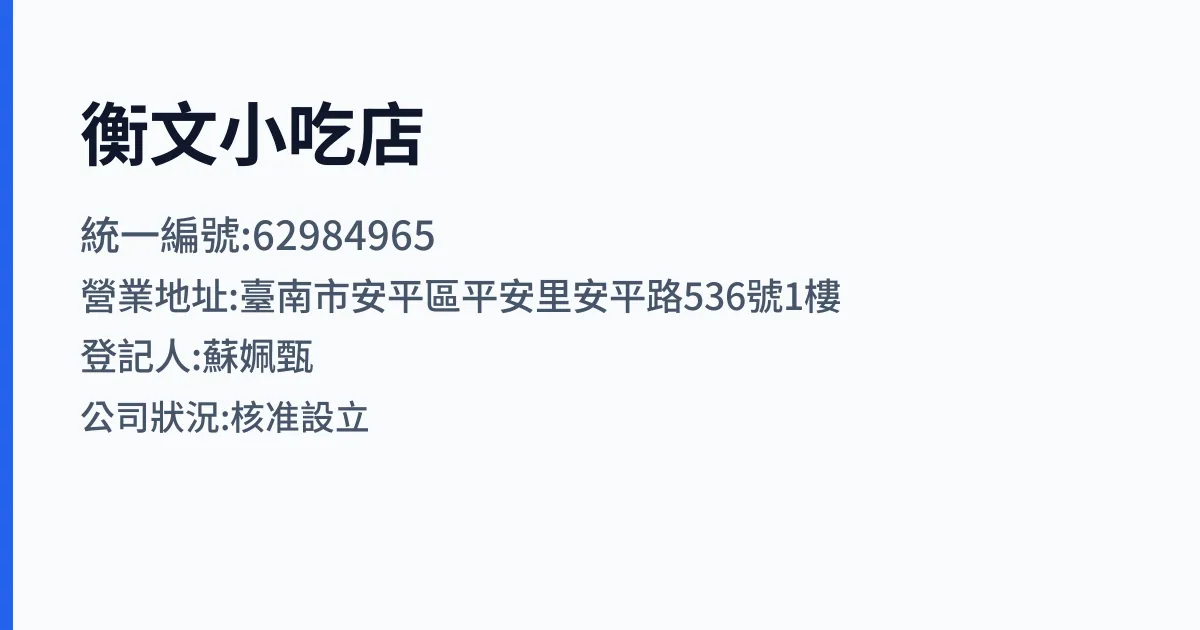 衡文小吃店 - 統編 62984965(臺南市) 公司登記資料與營業項目詳細圖表
