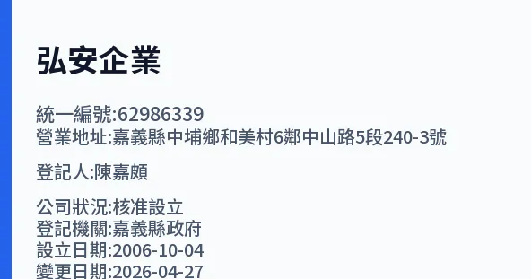 弘安企業的照片-統編 62986339(嘉義縣) 公司登記資料與營業項目詳細圖表