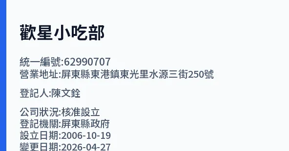 歡星小吃部的照片-統編 62990707(屏東縣) 公司登記資料與營業項目詳細圖表