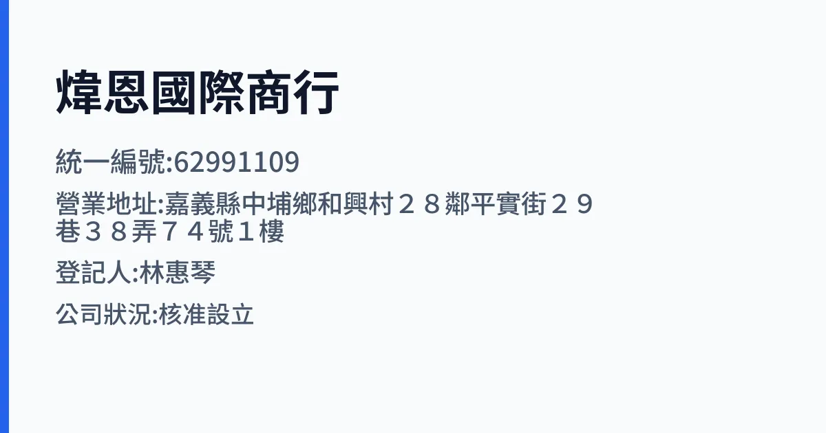 煒恩國際商行 - 統編 62991109(嘉義縣) 公司登記資料與營業項目詳細圖表