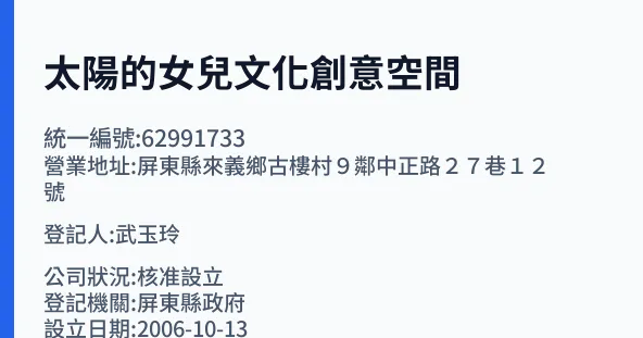 太陽的女兒文化創意空間的照片-統編 62991733(屏東縣) 公司登記資料與營業項目詳細圖表