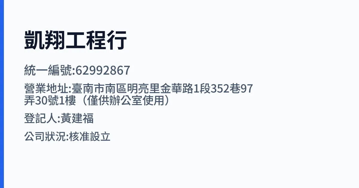 凱翔工程行 - 統編 62992867(臺南市) 公司登記資料與營業項目詳細圖表