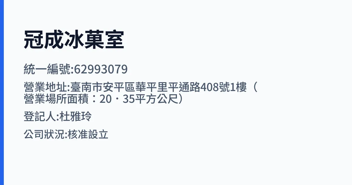 冠成冰菓室 - 統編 62993079(臺南市) 公司登記資料與營業項目詳細圖表