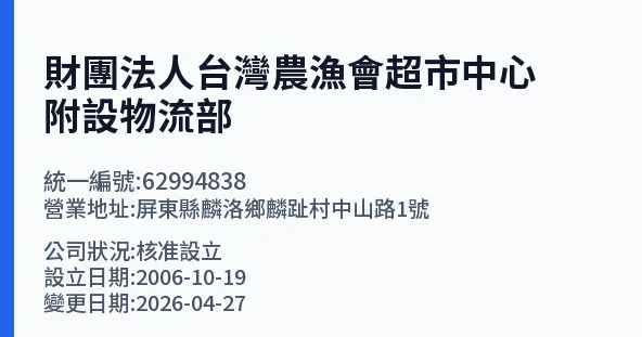 財團法人台灣農漁會超市中心附設物流部的照片-統編 62994838(屏東縣) 公司登記資料與營業項目詳細圖表