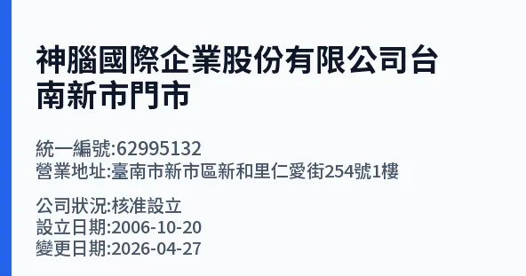 神腦國際企業股份有限公司台南新市門市的照片-統編 62995132(臺南市) 公司登記資料與營業項目詳細圖表