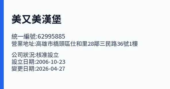 美又美漢堡的照片-統編 62995885(高雄市) 公司登記資料與營業項目詳細圖表