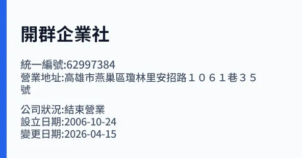 開群企業社的照片-統編 62997384(高雄市) 公司登記資料與營業項目詳細圖表
